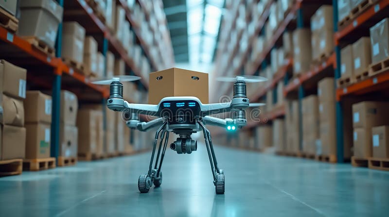 A Drone Equipped with a Package Navigates through a Large Warehouse ...