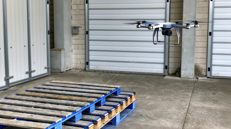 A Drone Equipped with an RFID Reader Flying Above a Line of Pallets ...
