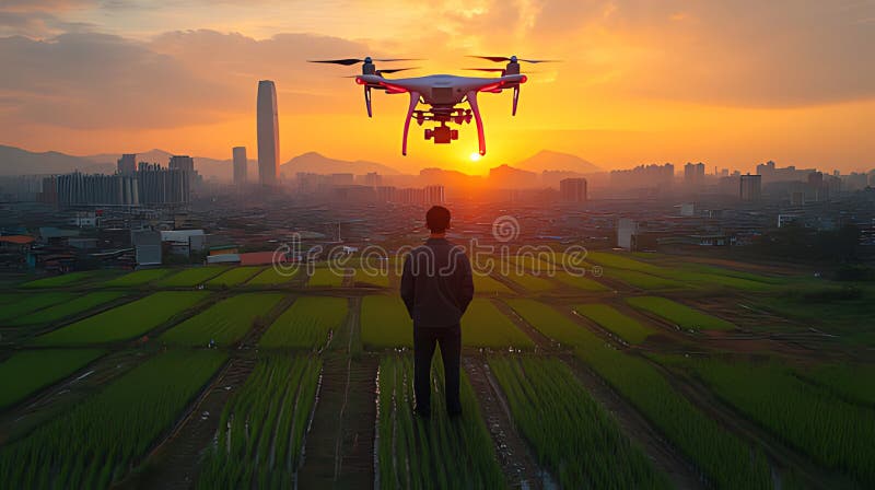 Drone Filming Sunset Cityscape from Rural Field Stock Illustration ...