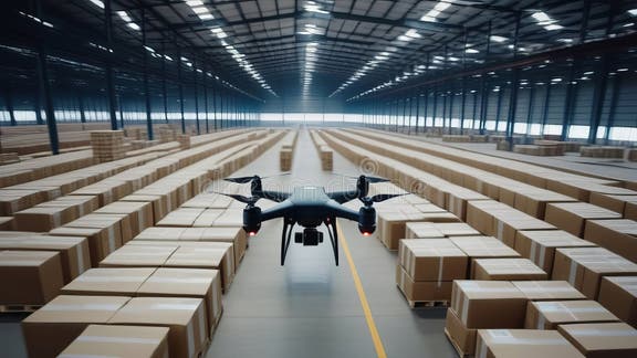 A Drone Flies in a Modern Warehouse between Rows of Racks with Boxes ...