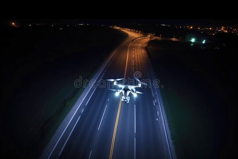 The Drone Flies at Night on the Road, Illuminating with Spotlights. AI ...