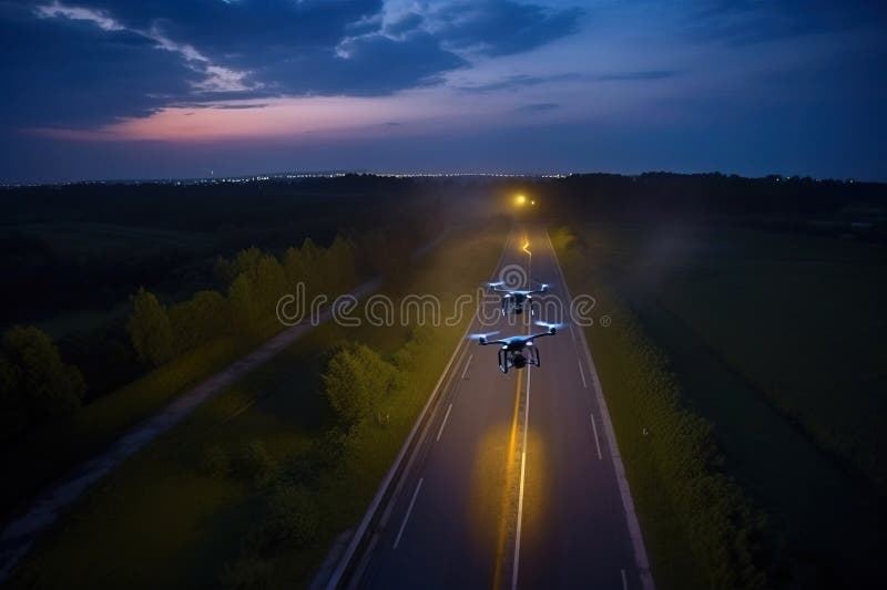 The Drone Flies at Night on the Road, Illuminating with Spotlights. AI ...