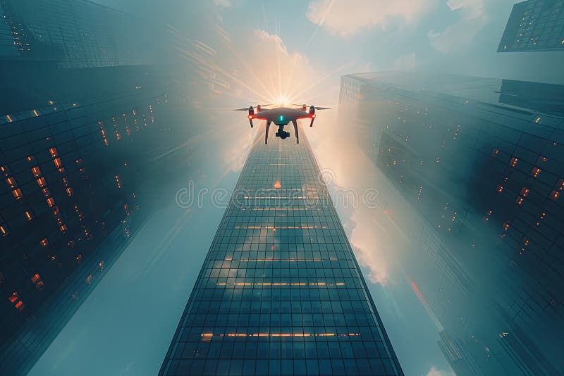 Drone Flies Over the City between the Skyscrapers. Bottom View Stock ...