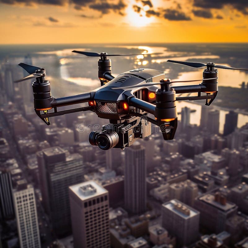 A Drone Flies Over the City at Sunset. Stock Illustration ...