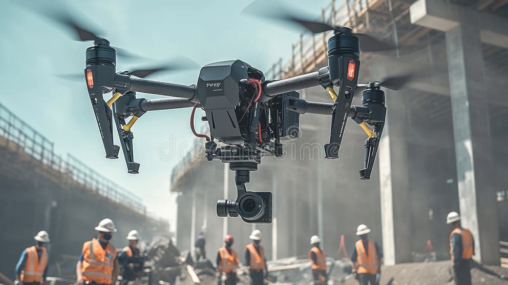 A Drone Flies Over a Construction Site with Workers in the Foreground ...
