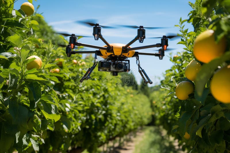 Drone Flies Over Fruit Trees. Smart Farming and Precision Agriculture ...