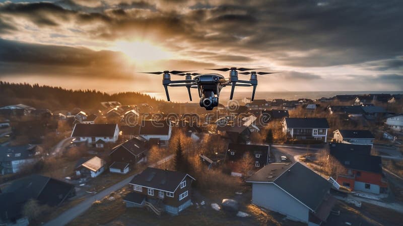 A Drone Flies Over a Village at Sunset. Stock Illustration ...