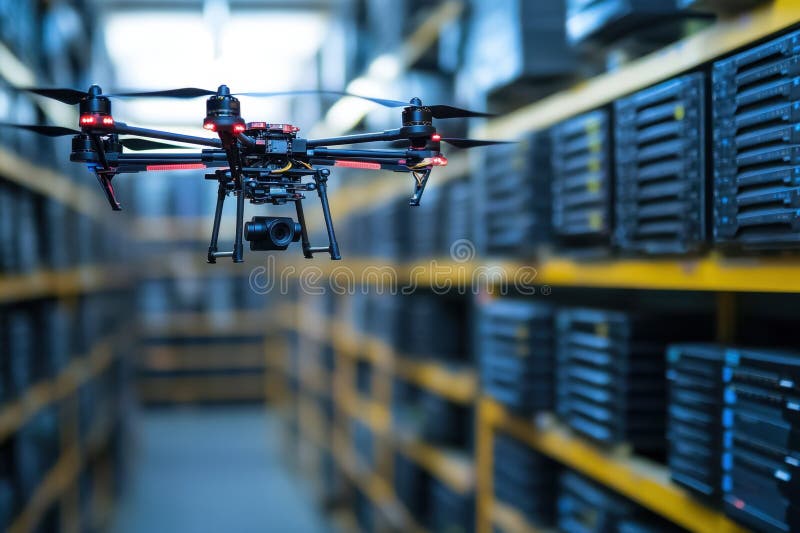 Drone Navigates through a Data Storage Warehouse Filled with Shelves ...