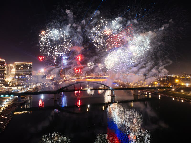 Drone Flight Above Colorful Fireworks on the Black Sky Background Over ...