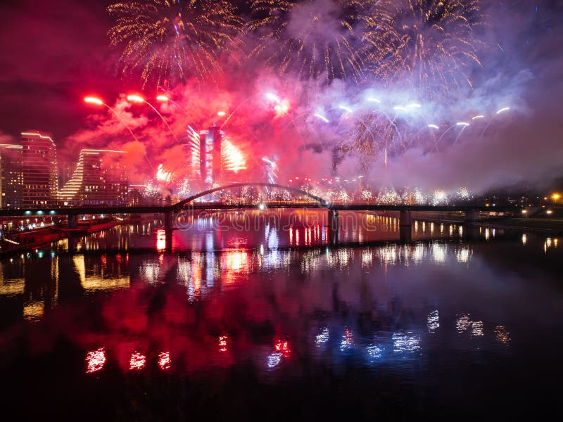 Drone Flight Above Colorful Fireworks on the Black Sky Background Over ...