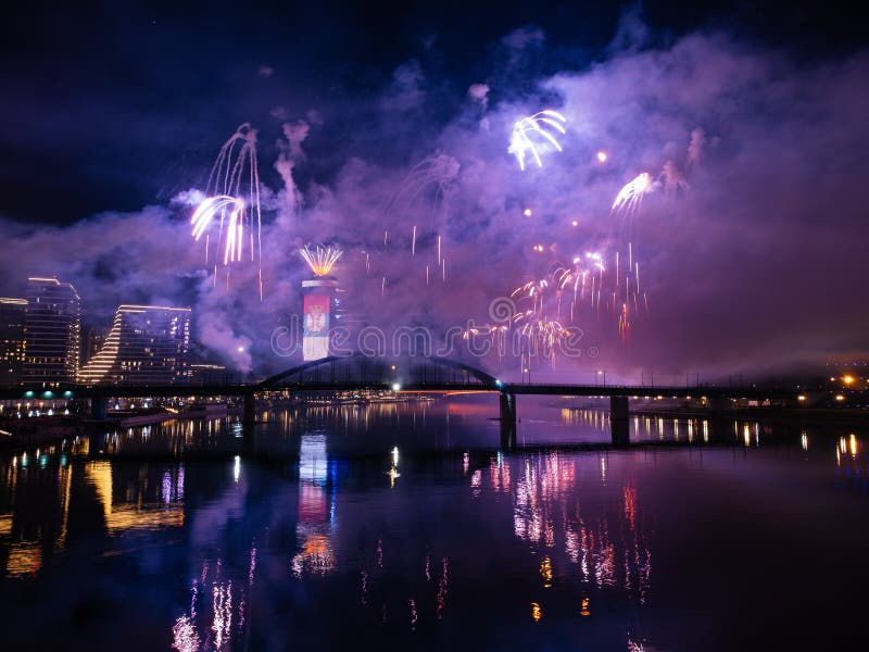 Drone Flight Above Colorful Fireworks on the Black Sky Background Over ...
