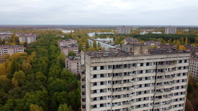 Drone Flight Around the Soviet High-rise Building in Pripyat. Stock ...