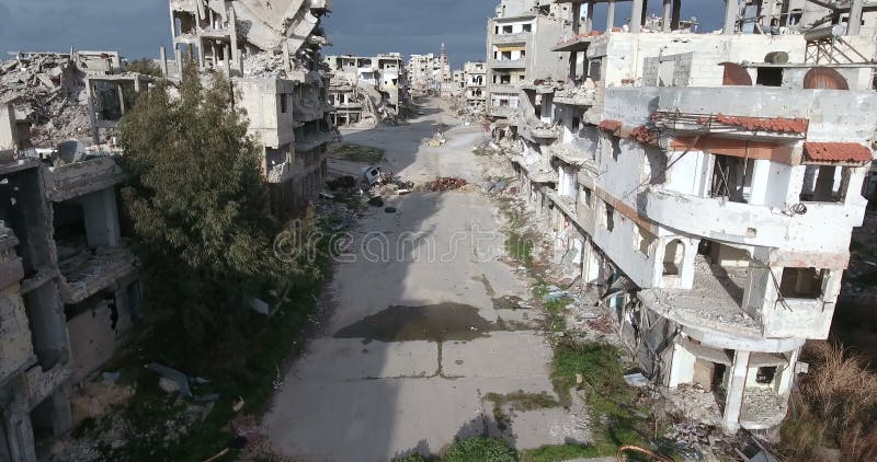 A Drone Flight on a Destroyed City Stock Video - Video of disaster ...