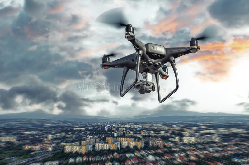 Drone in Flight Over the City. Stock Image - Image of digital, drone ... Drone in Flight Over the City. Stock Image - Image of digital, drone ...