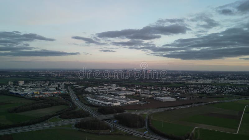 Drone Flight at Sunset, Looking at the Frankfurt Skyline at the Break ...