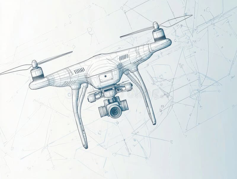Drone Flying Above a Blueprint Design on a Flat Surface Showcasing ...