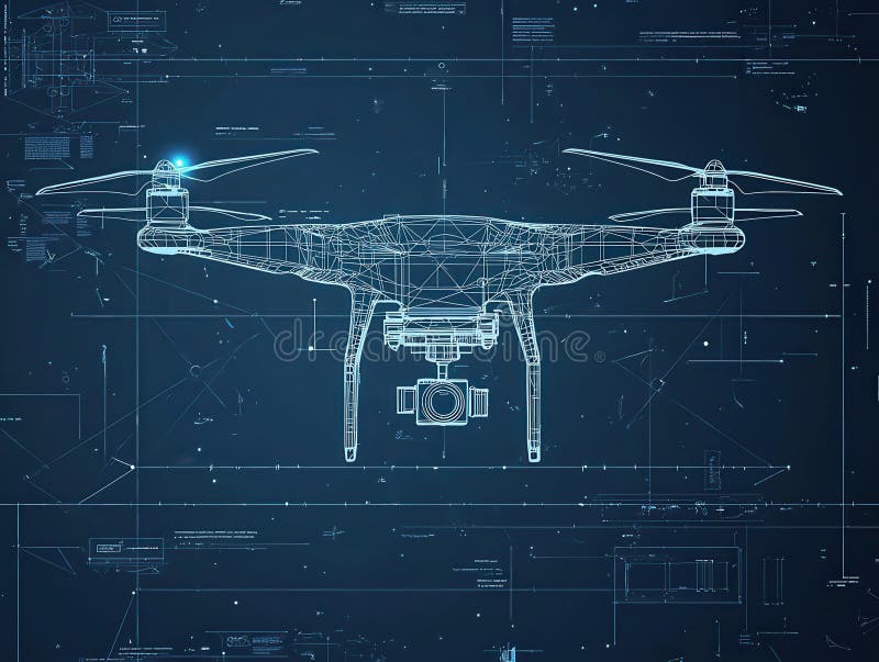 Drone Flying Above a Blueprint Layout with Technical Drawings and ...