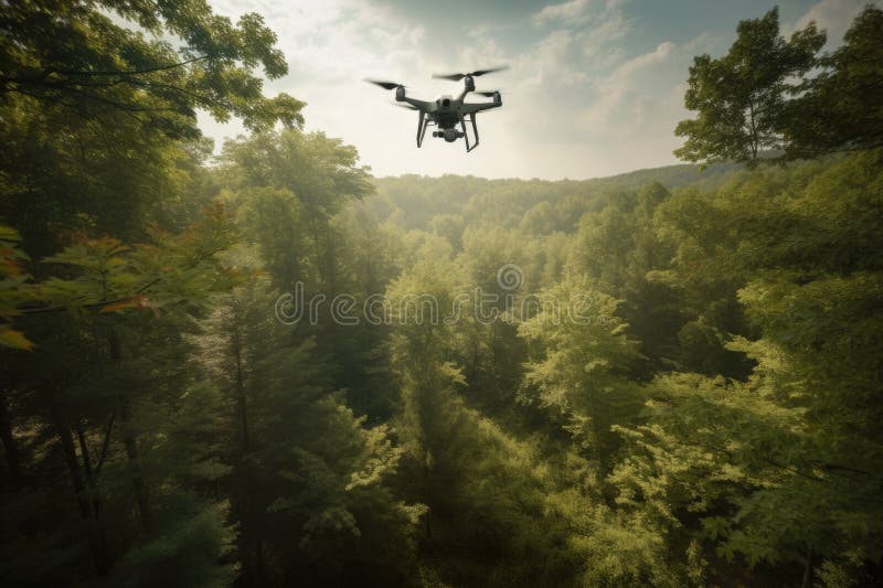 Drone Flying Above Forest Canopy, with Clear View of the Trees Stock ...