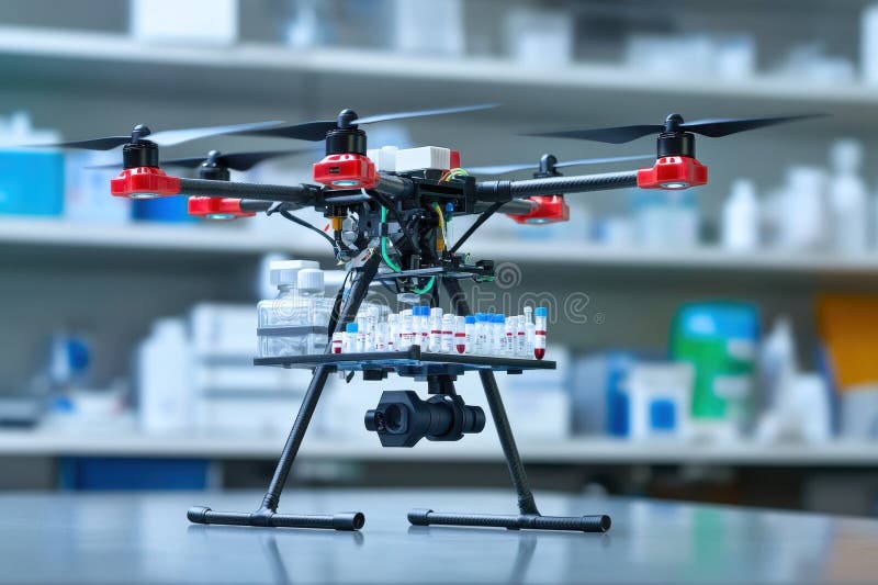 Drone Flying Above Laboratory Table Transporting Samples in Modern ...