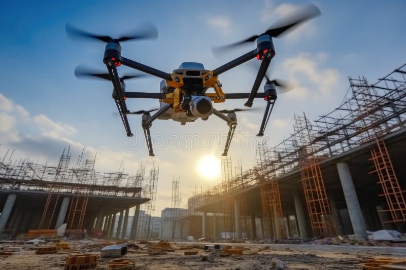 Drone Flying at Building Site Under Construction. Aerial Survey Stock ...