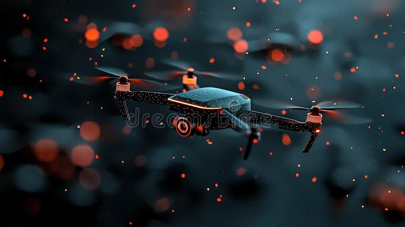 A Drone Flying through a Dark Environment with Glowing Particles Stock ...