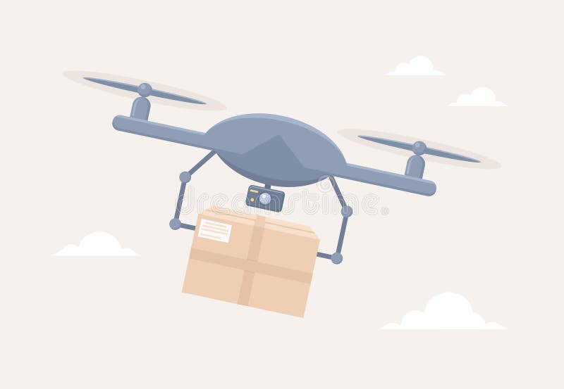 Drone Flying with Delivery Box between Clouds. Aerial Drone Parcel ...