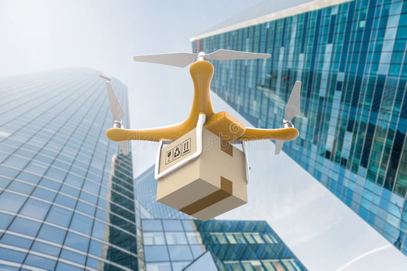 Drone Flying with a Delivery Box Package in a City Stock Illustration ...