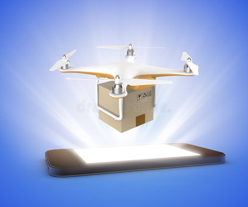 Drone Flying with a Delivery Box Package from a Smartphone Stock ...