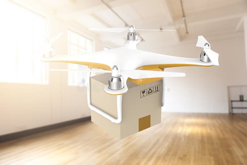Drone Flying with a Delivery Box Package in a White Room Stock ...