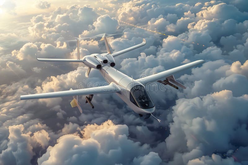Drone Flying at High Altitude among Cumulus Clouds at Sunset Stock ...