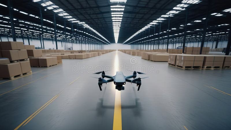 A Drone Flying in a Modern Warehouse between Rows of Racks with Boxes ...