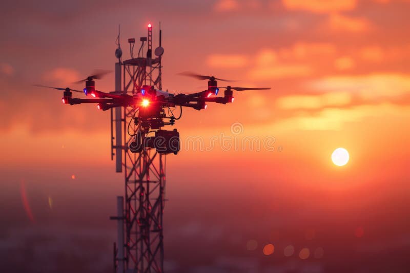 Drone Flying Near Communication Tower at Sunset with a Soft, Glowing ...