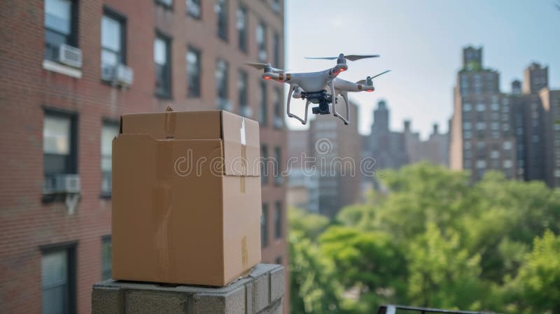 A Drone Flying Over a Box and Building in the City, AI Stock Photo ...