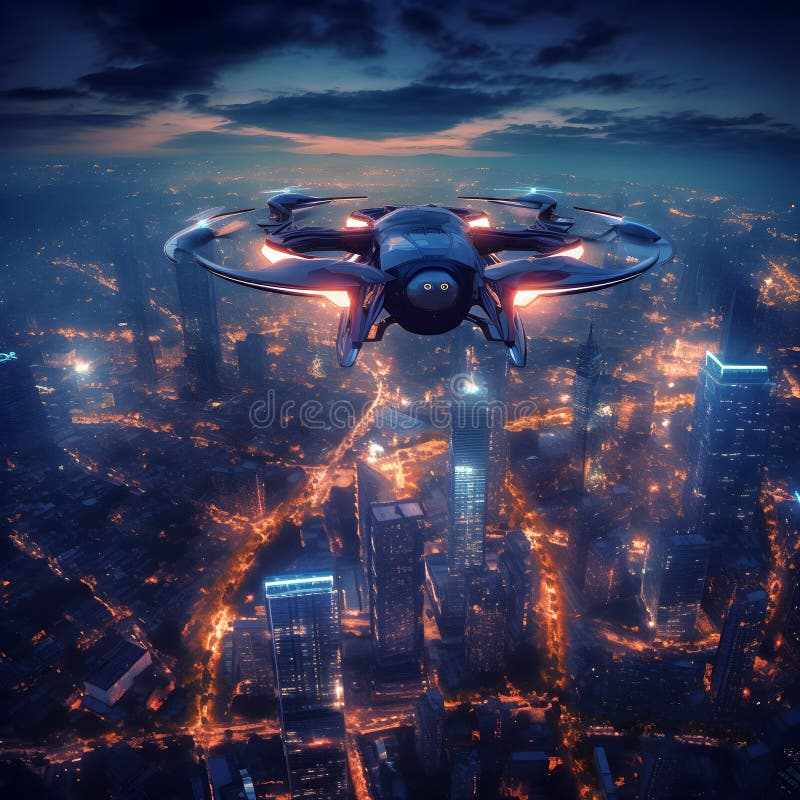 Drone Flying Over a City at Dusk. Stock Illustration - Illustration of ... Drone Flying Over a City at Dusk. Stock Illustration - Illustration of ...