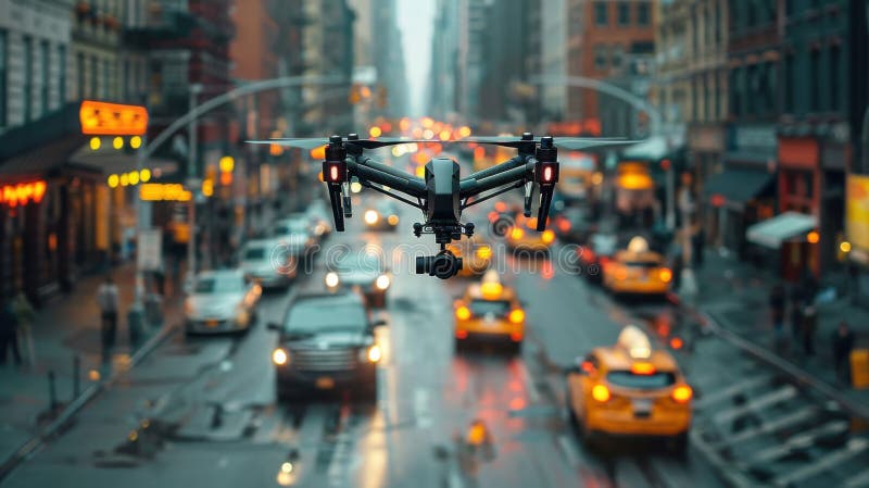 Drone Flying Over the City, Global Aerial Surveillance. Stock Image ...
