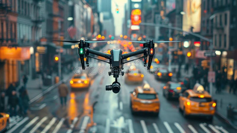Drone Flying Over the City, Global Aerial Surveillance. Stock Photo ...