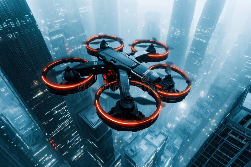 Drone Flying Over City Night Lights Tall Buildings Stock Photos - Free ...