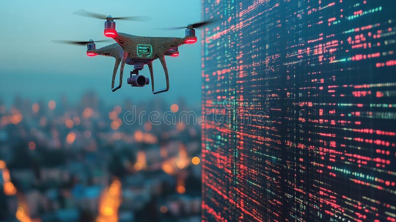 Drone Flying Over a City Skyline during Sunset with Digital Data ...