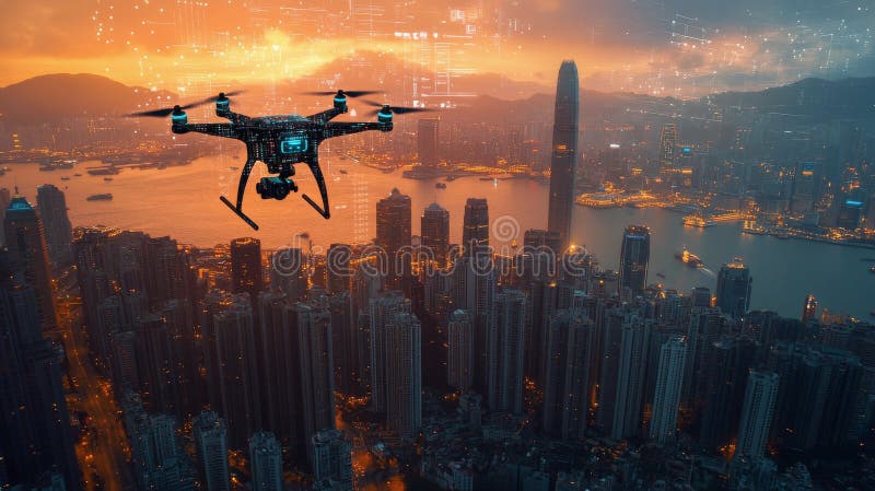 Drone Flying Over a City Skyline during Sunset with Digital Data ...