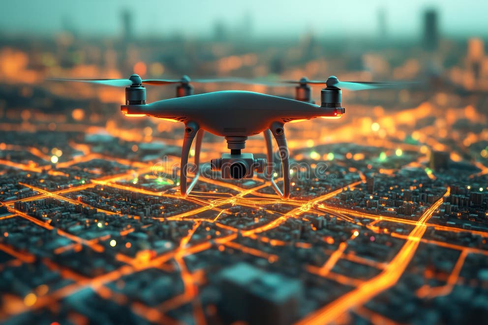 Drone Flying Over Digital Map with Delivery Points Stock Image - Image of smart, smartcity ...
