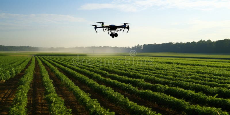 A Drone Flying Over a Field of Crops Stock Image - Image of airplane ...