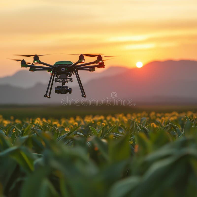 Drone Flying Over a Field. Modern Agriculture Stock Illustration ...