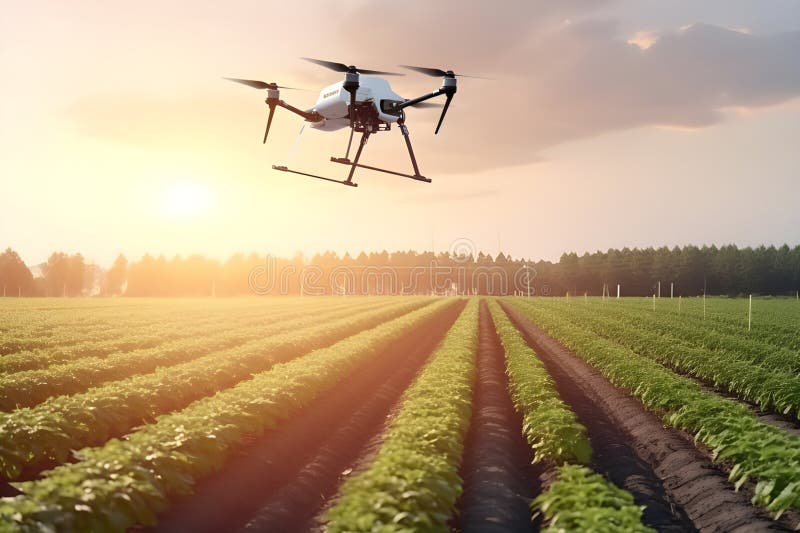 Drone Flying Over Fields Agriculture of Smart Farming Controlled by ...
