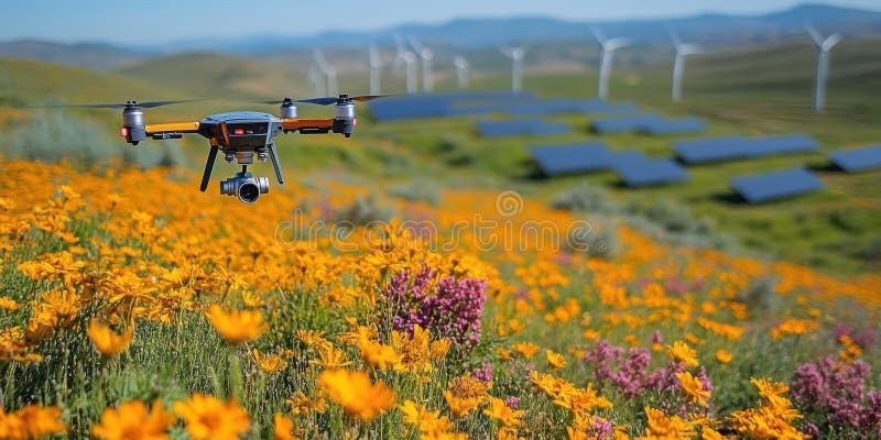 Drone Flying Over Flower Field with Wind Turbines and Solar Panels in ...