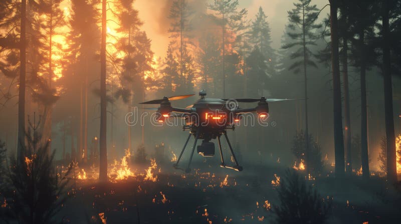 A Drone is Flying Over a Forest Fire. the Drone is Equipped with a ...