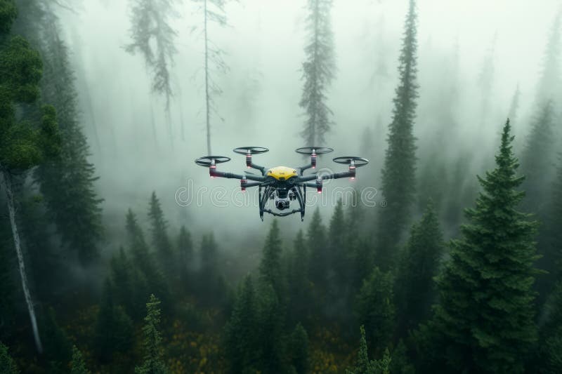 Drone Flying Over Forest in the Fog. Generative AI Stock Illustration ...