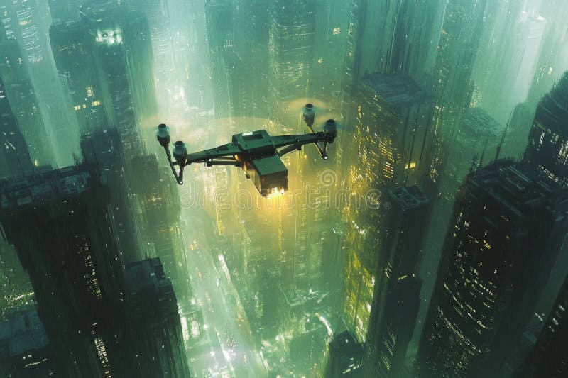 Drone Flying Over a Futuristic City at Night Stock Illustration ...