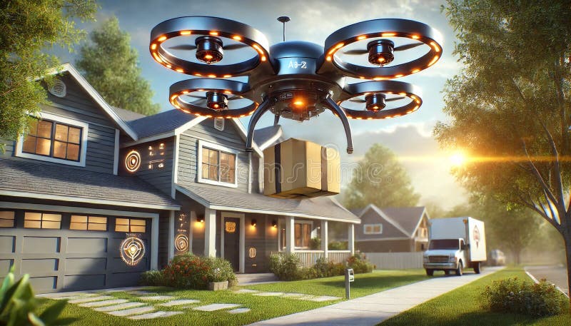 A Drone is Flying Over a House with a Package on it Stock Photo - Image ...