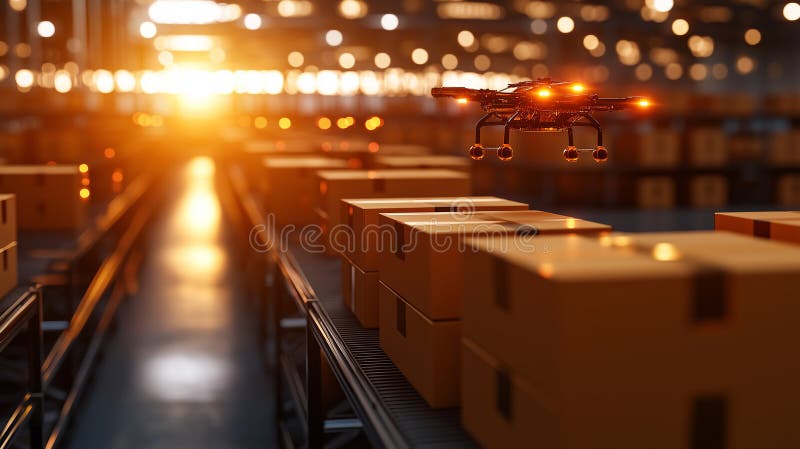 Drone Flying Over Large Boxes in Modern Warehouse during Sunset ...
