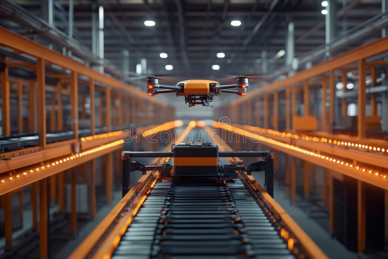 Drone Flying Over Packaging Line in Modern Warehouse Using Automation ...